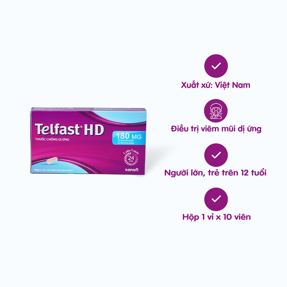 Telfast HD 180mg (1 vỉ x 10 viên/hộp)