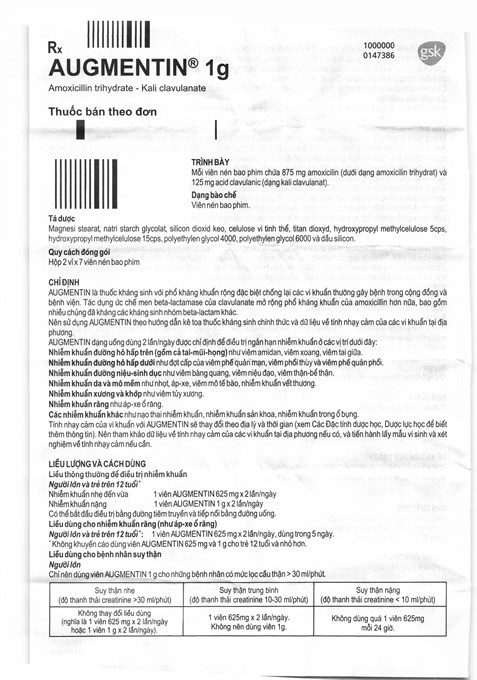 Augmentin Bd Tab 1G: Kháng Sinh Cho Bệnh Nhiễm Khuẩn (2 Vỉ X 7 Viên)