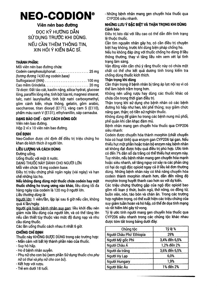 Viên nén bao đường Neo-codion trị ho khan do kích thích (2 vỉ x 10 viên)