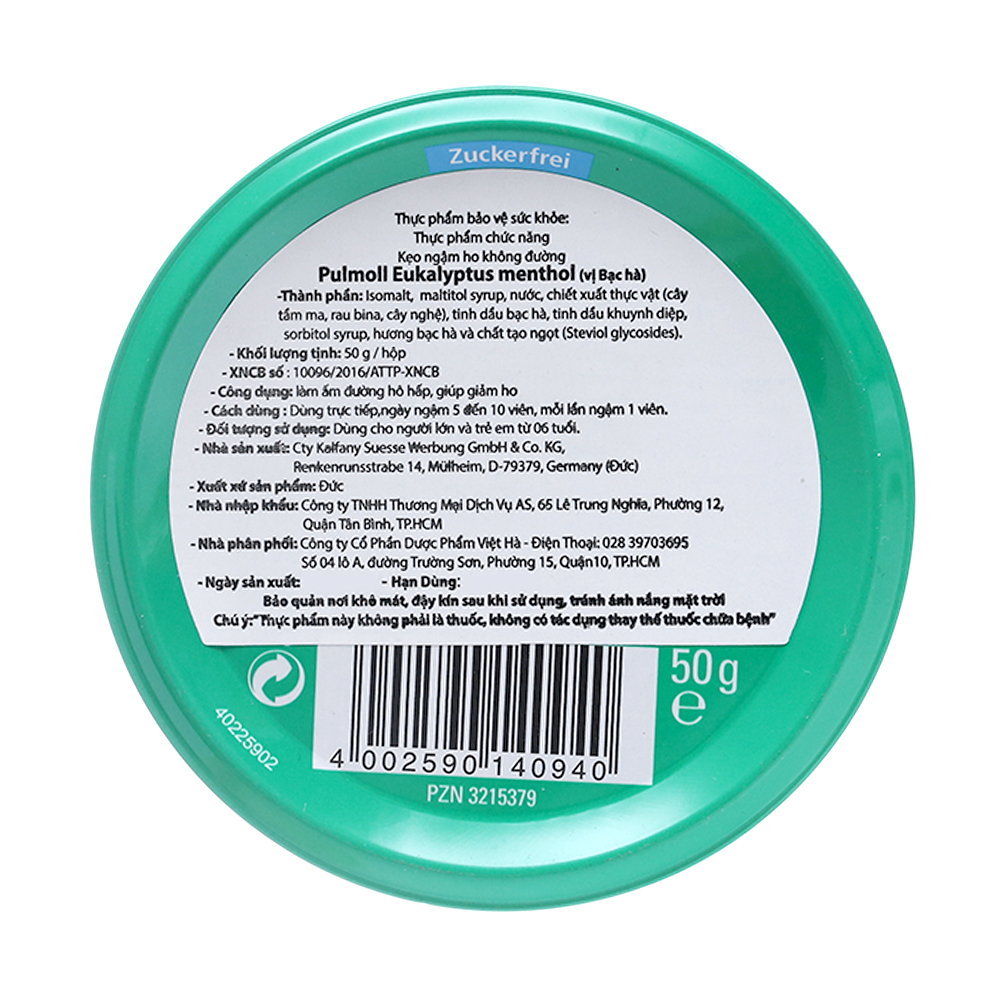 Kẹo ngậm ho không đường vị bạc hà Zuckerfrei Pulmoll (50g/hộp)