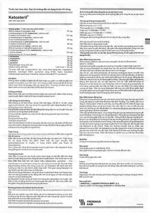 Ketosteril - Phòng Và Điều Trị Suy Thận Mạn Hộp 5 Vỉ X 20 Viên.