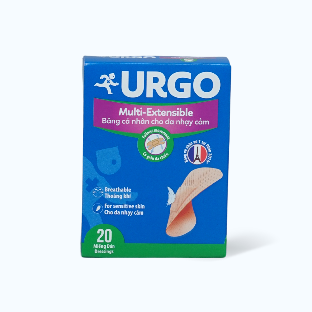 Băng cá nhân dành cho da nhạy cảm URGO Multi-Extensible bảo vệ vết thương nhỏ 2cm x 7.2cm (Hộp ...