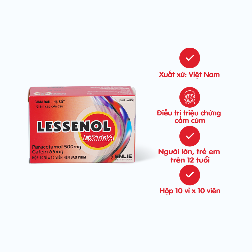 Viên nén bao phim Lessenol Extra điều trị triệu chứng cảm cúm: đau đầu ...