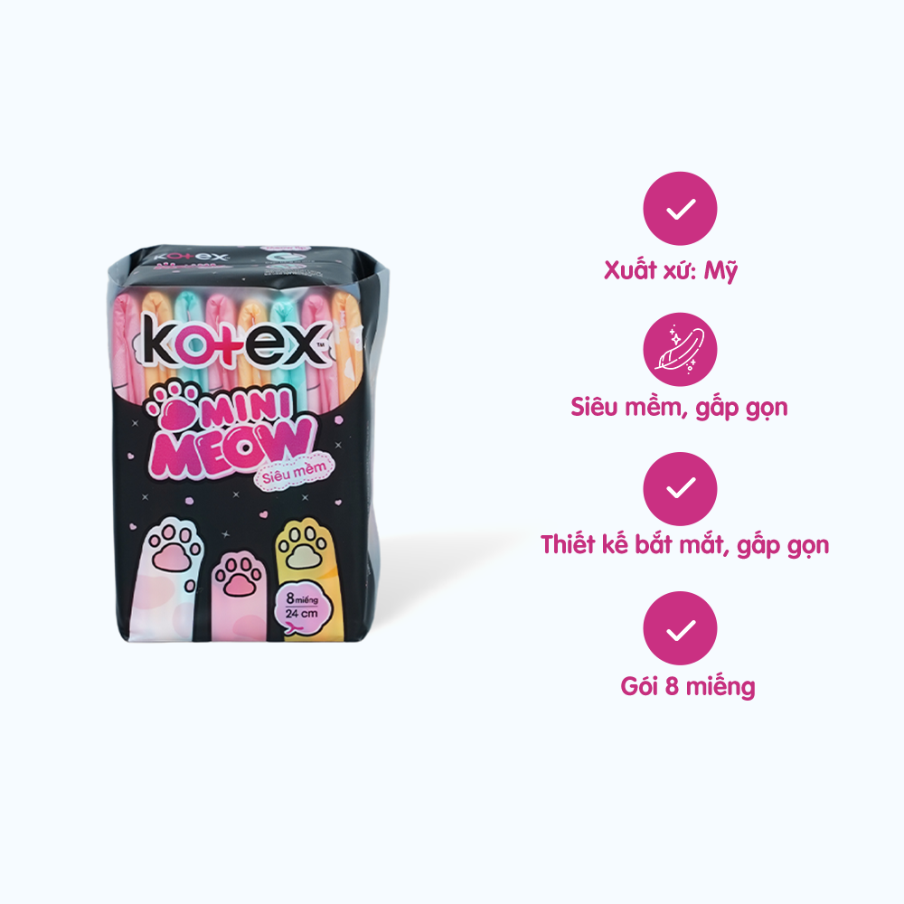 Băng Vệ Sinh Kotex Mini Meow Siêu Mềm 24cm Gói 8 Miếng