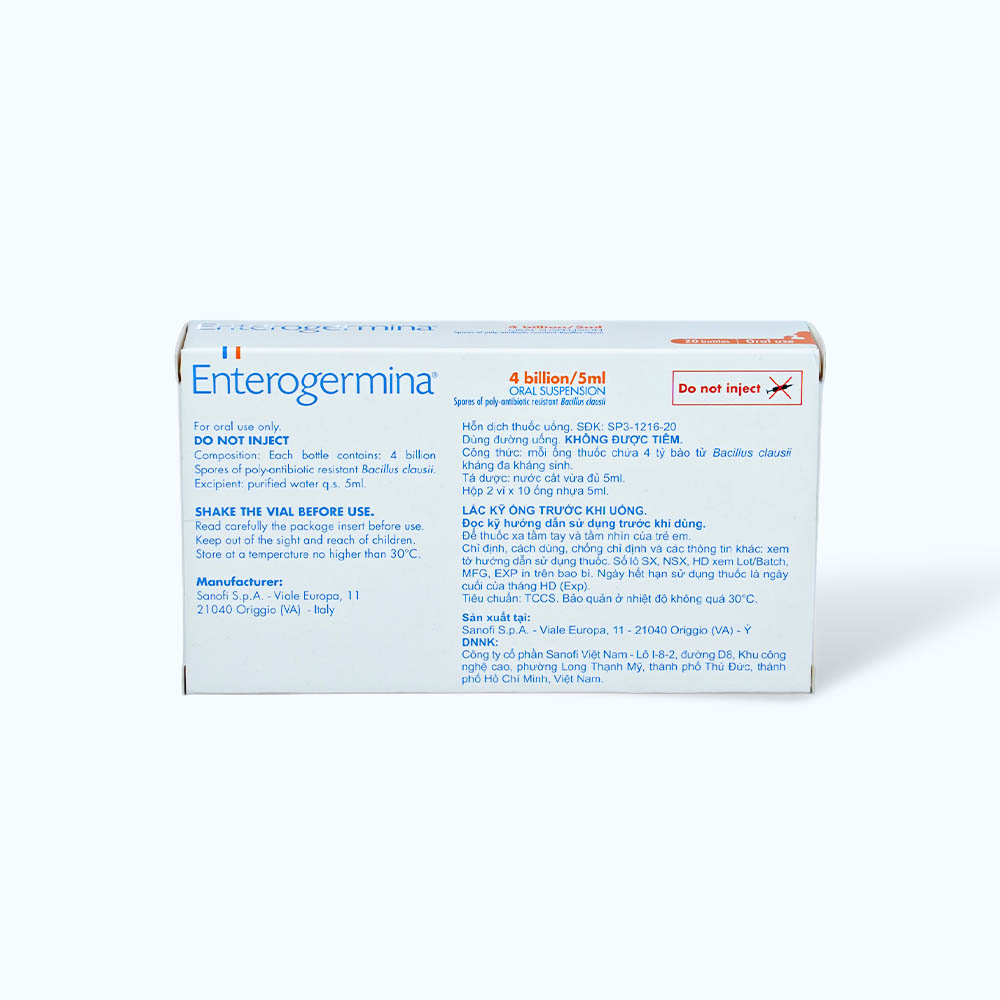 Hỗn dịch uống Enterogermina 4B/5ml điều trị và phòng ngừa rối loạn vi ...