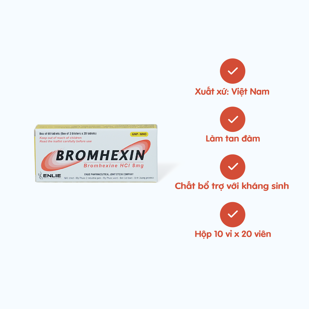 Bromhexin 8mg (Hộp 10 vỉ x 20 viên)