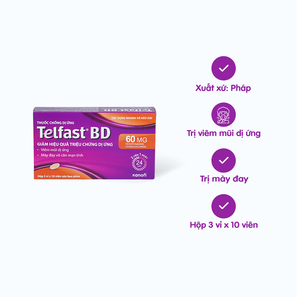 Telfast BD 60mg (Hộp 3 vỉ x 10 viên)